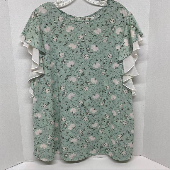 Cure | Tops | Cure Green Floral Pullover Top Size 3xl Ruffle Cap Sleeve ...